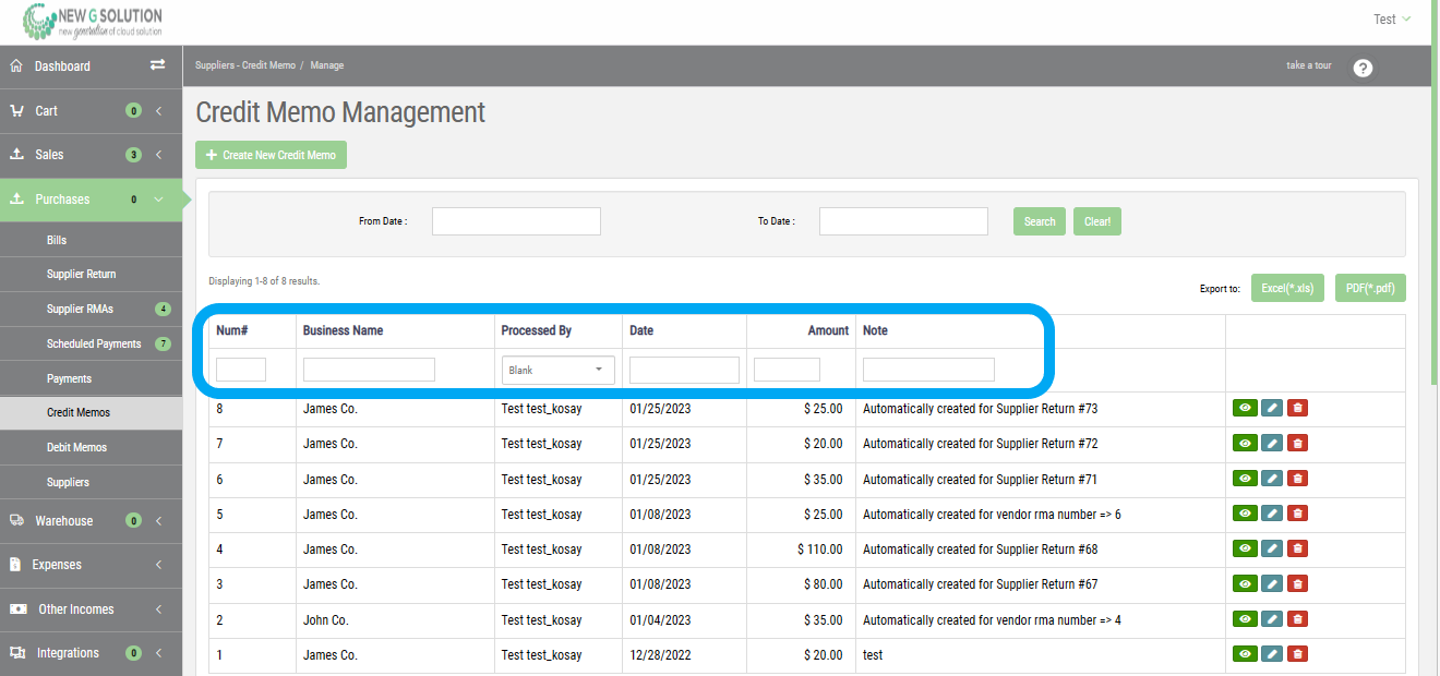 Supplier Credit Memos - New G Solution