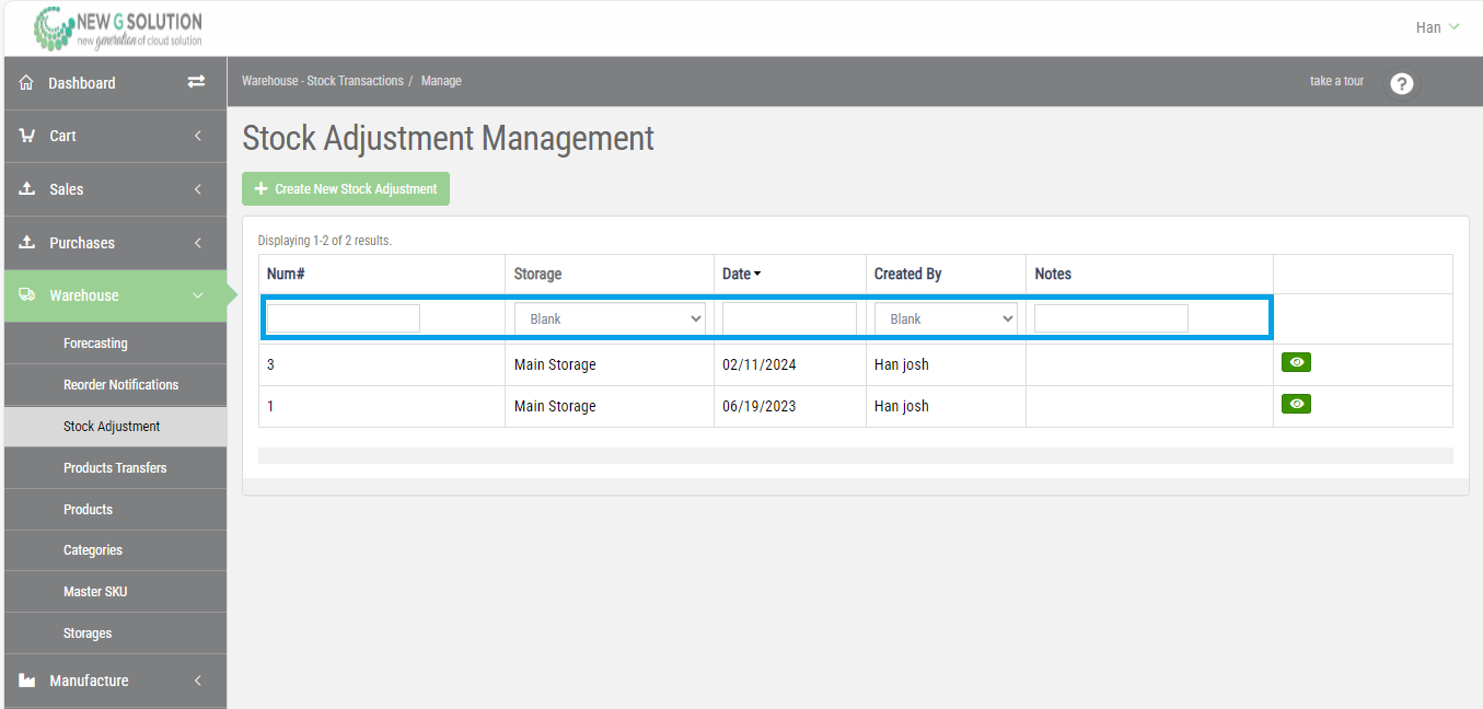 Stock Adjustments - New G Solution