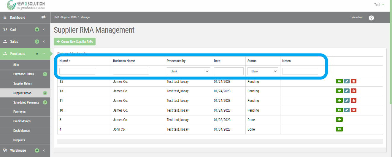 Supplier RMAs - New G Solution