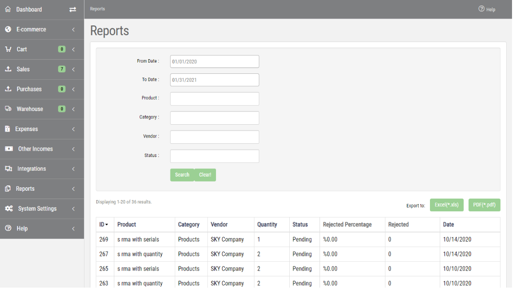 Supplier RMA Report - New G Solution