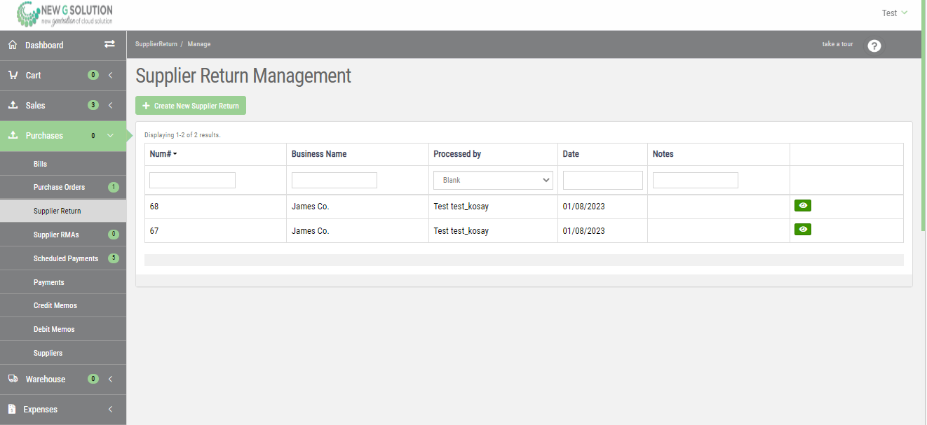 Supplier Return - New G Solution