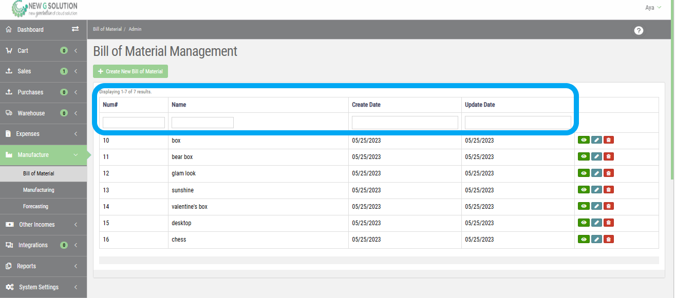 Bill of Material - New G Solution